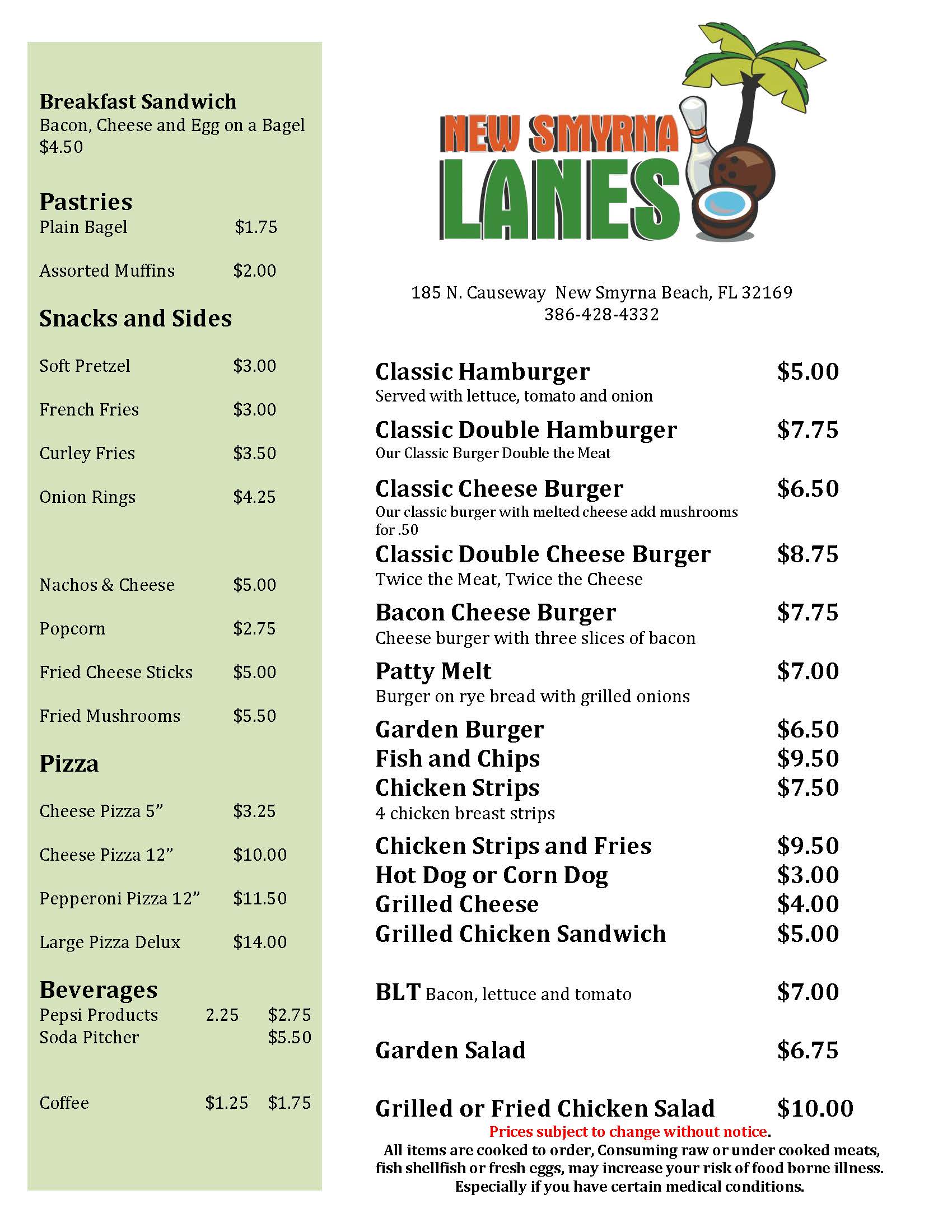 New Smyrna Lanes > Snack Bar Menu